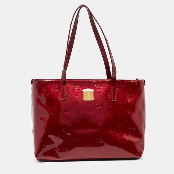 MCM | Bags | Mcm Dark Red Visetos Patent Leather Tote | Poshmark